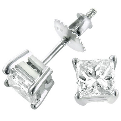 1 carat Diamond Stud Earrings with Princess Diamonds 14K White Gold 004596