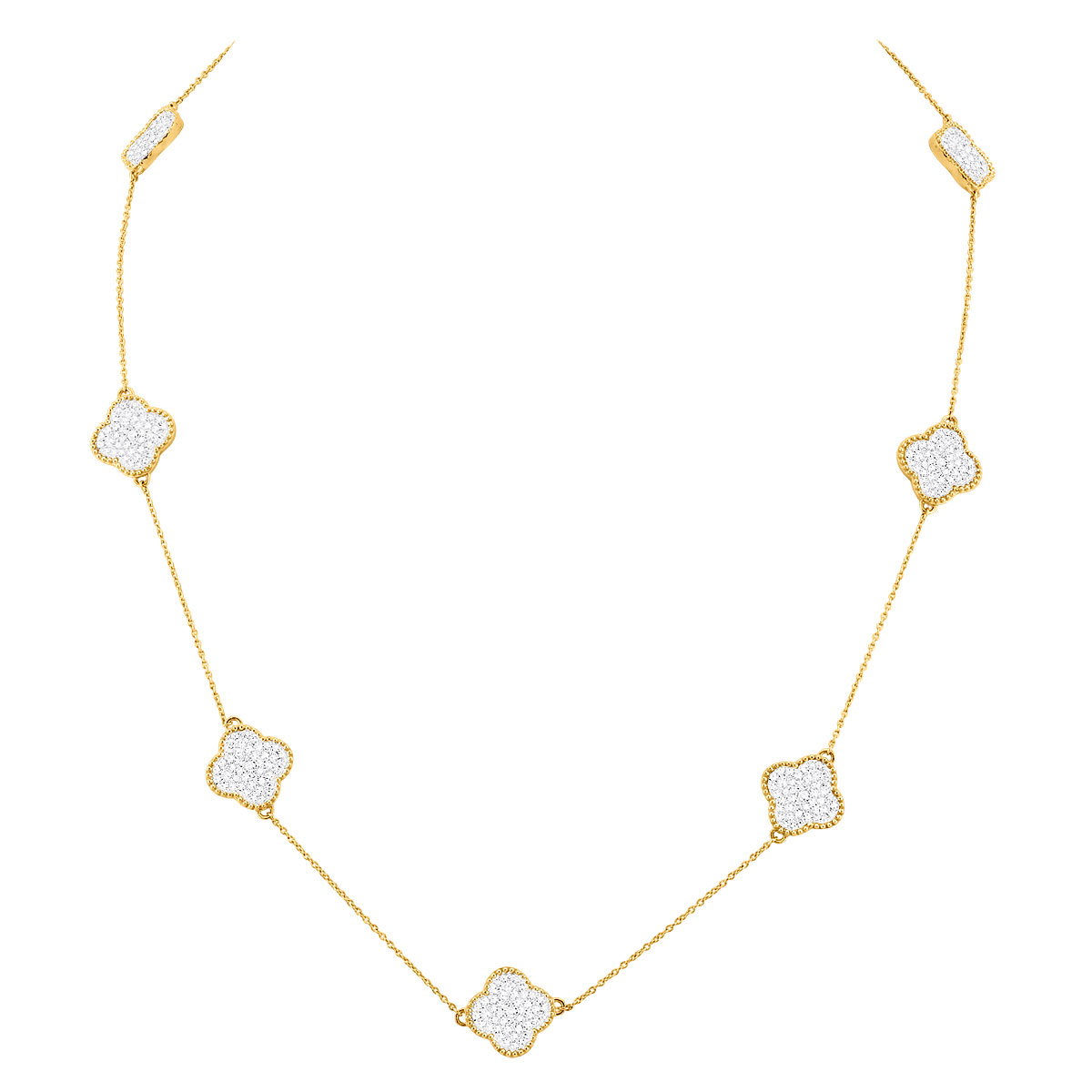 Ladies' 14K White/Yellow Gold Cable Diamond Necklace 7 Clover Motifs Pave Setting 1.7ct 803285 ...