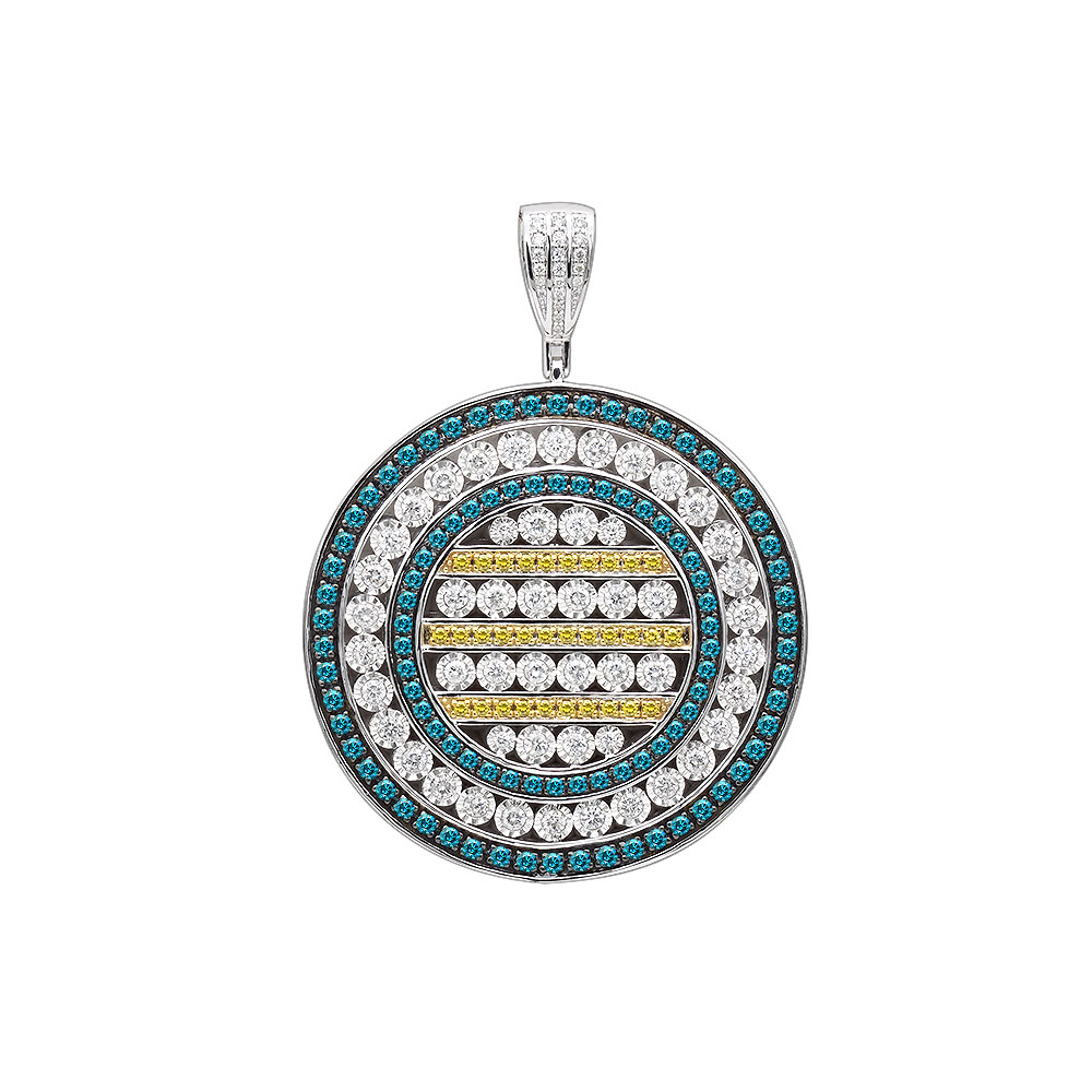 Blue White Yellow Diamond Round Medallion Pendant for Men and Women 14K ...