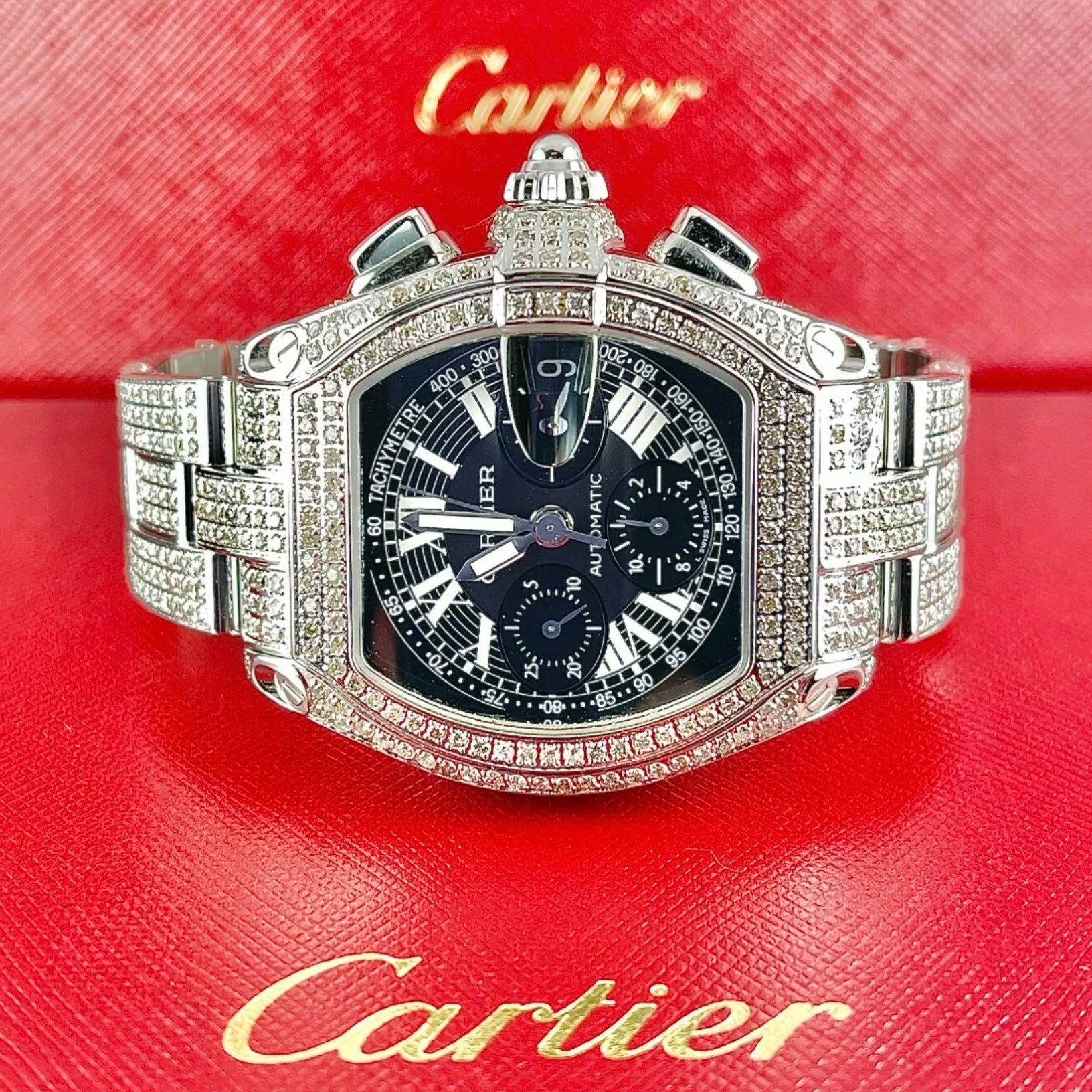 Cartier Roadster Stainless Steel Men's Diamond Watch 42mm ~10ct ...