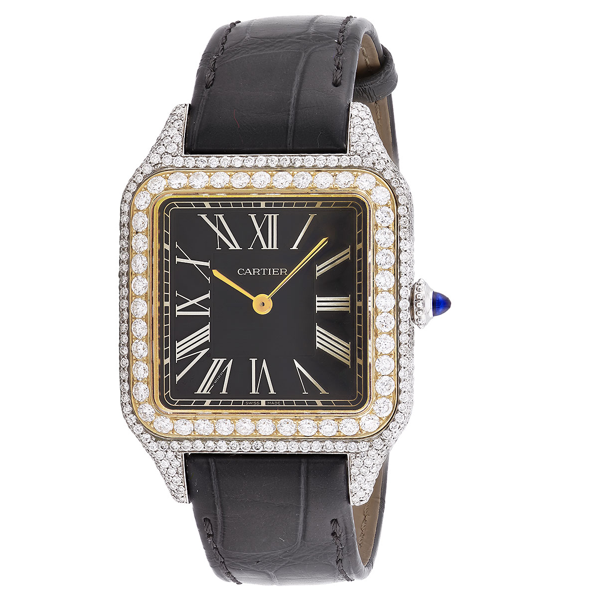 Cartier Santos Diamond Watch for Women 32mm Diamond Bezel Leather Black ...