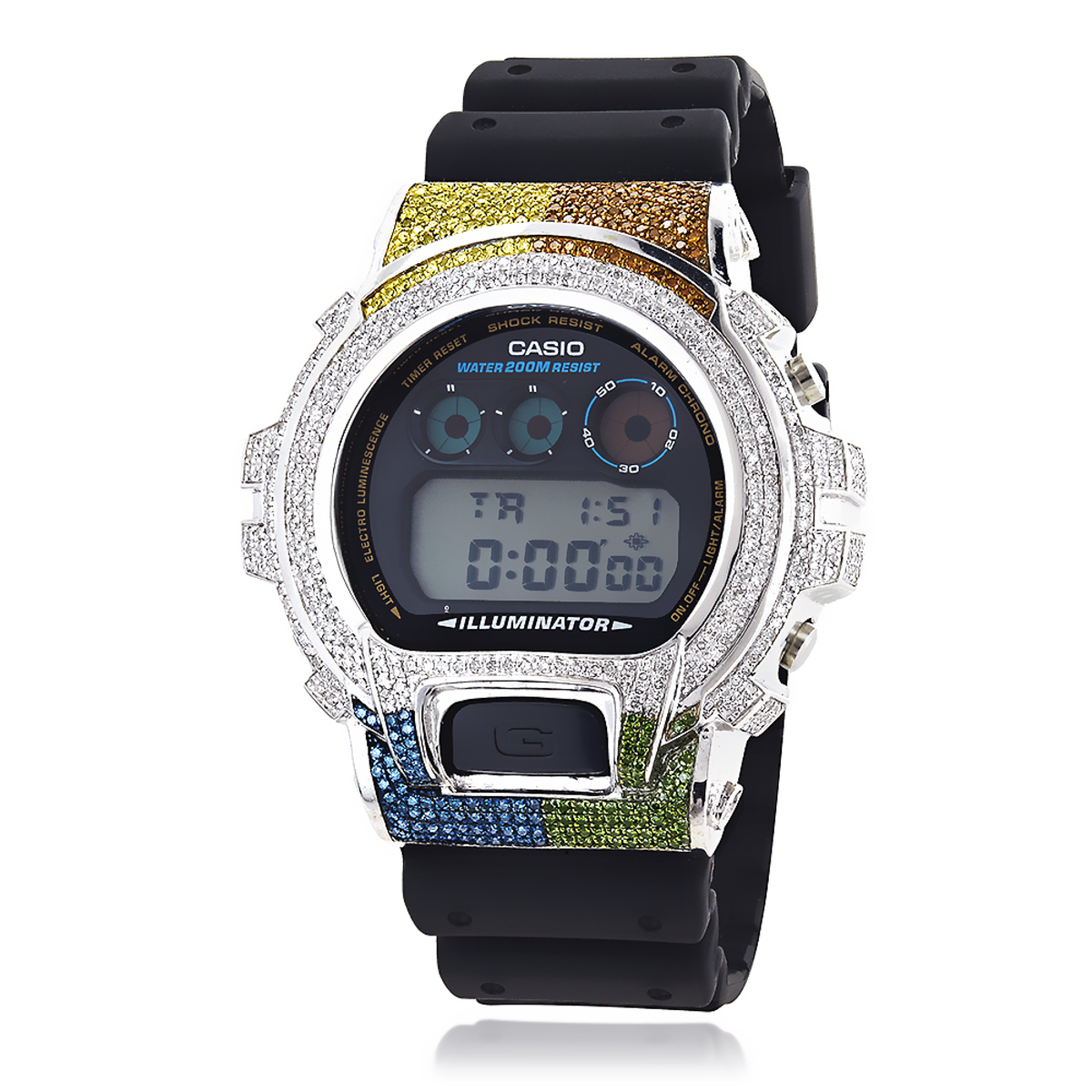 Casio 6900 G-SHOCK White Blue Green Brown Yellow Diamonds Bezel Watch ...