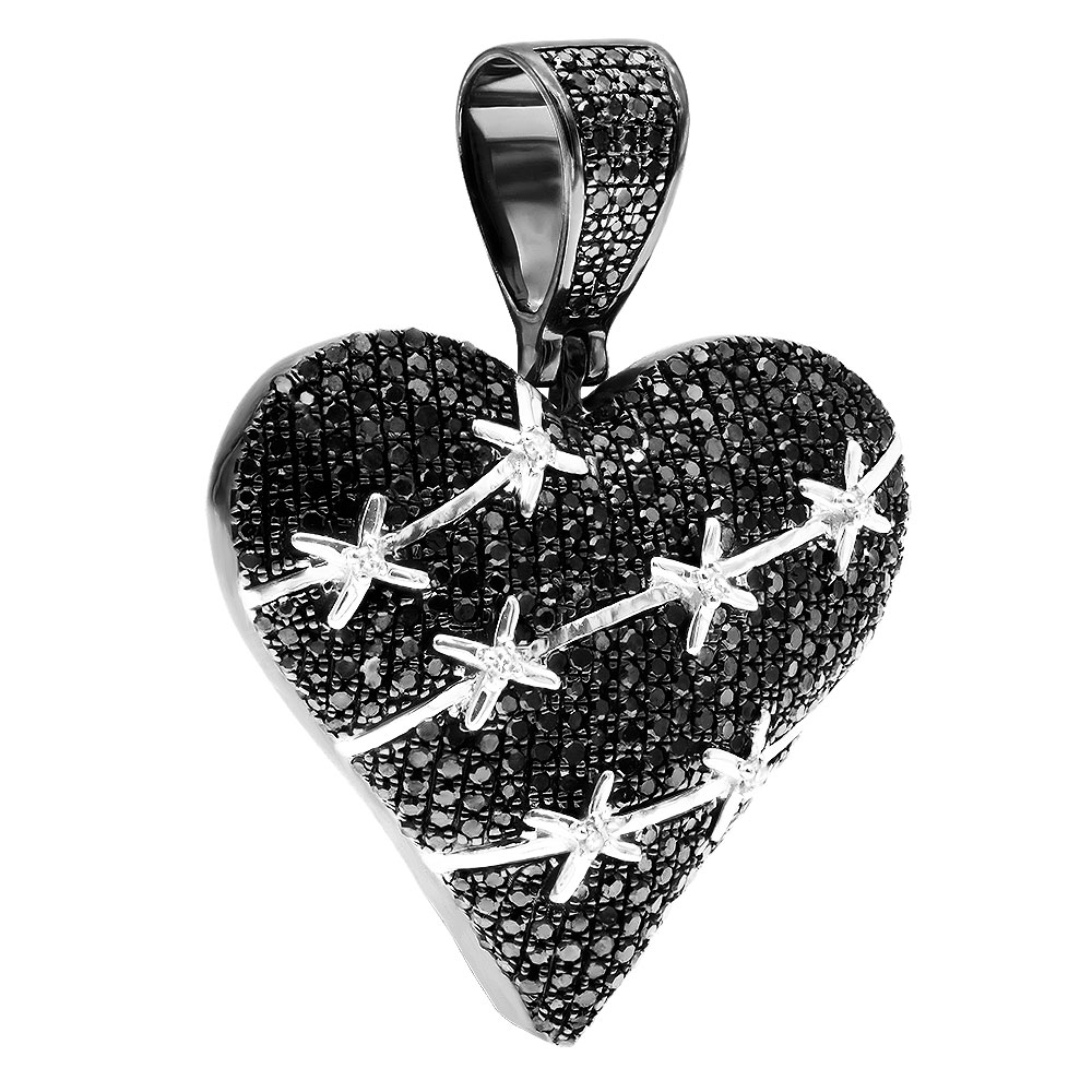 14K Gold Black Diamond Heart Pendant with Barb Wire | Rhodium Plating ...