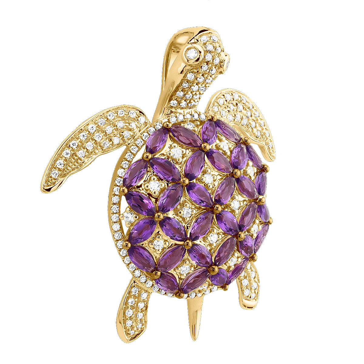14K Yellow Gold Diamond Turtle Pendant with Amethysts for Women 3ct ...