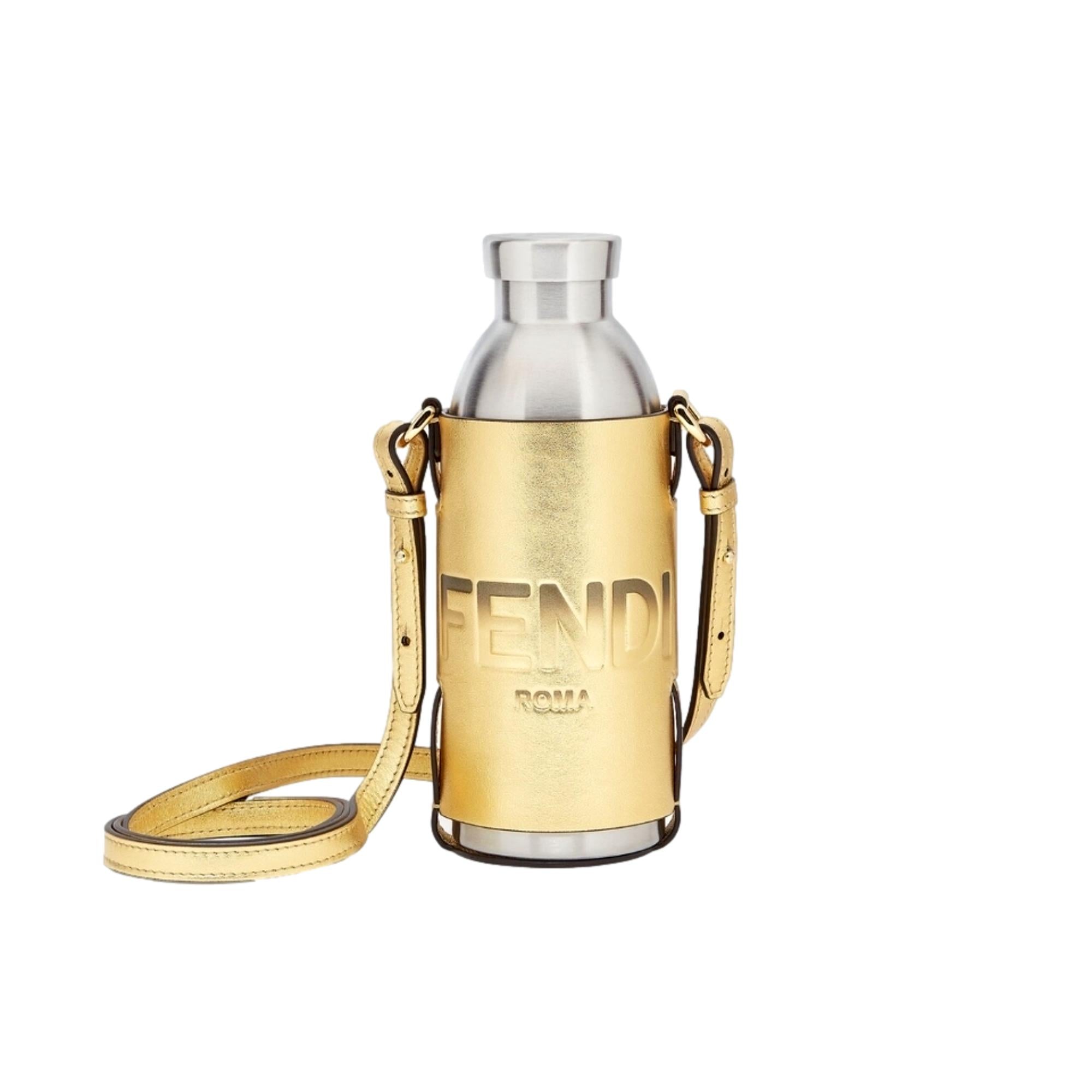 Fendi Roma Logo Steel Bottle and Gold Leather Holder Set M03307