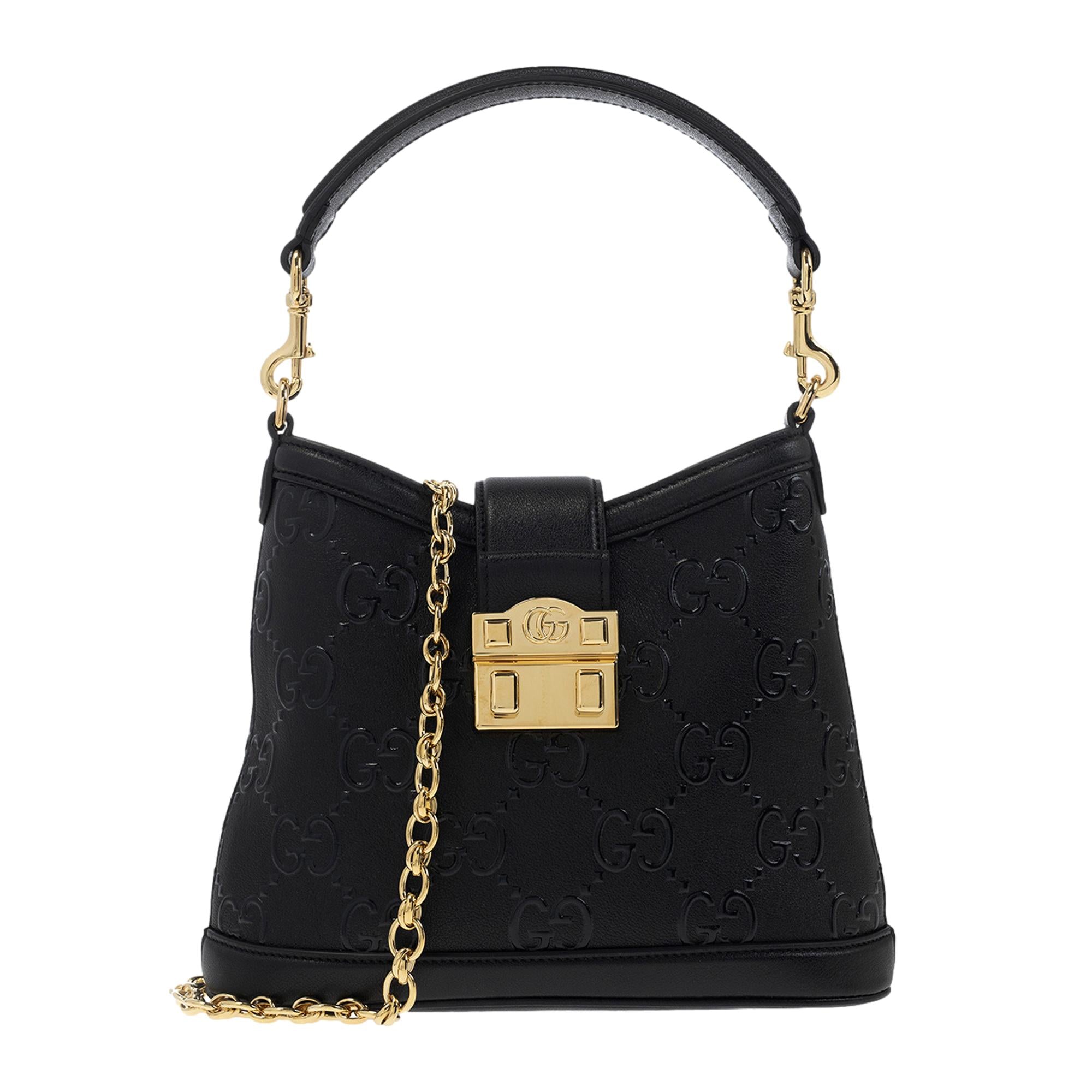 Gucci GG Black Embossed Pebbled Leather Gold Chain Shoulder Bag for ...