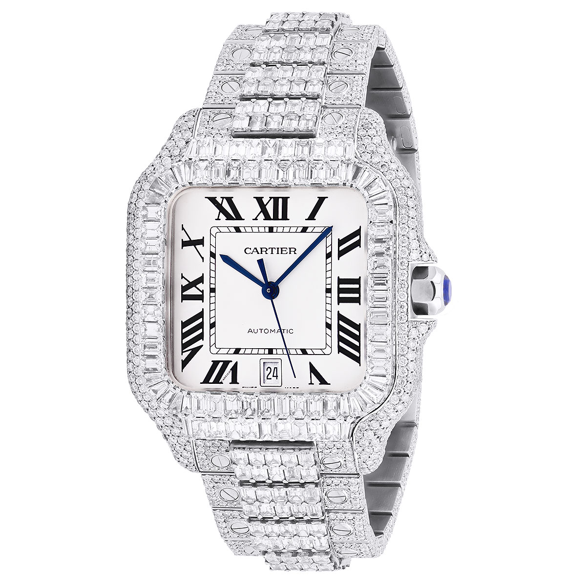 Iced Out Cartier Santos Round Baguette Diamond Watch for Men & Women ...