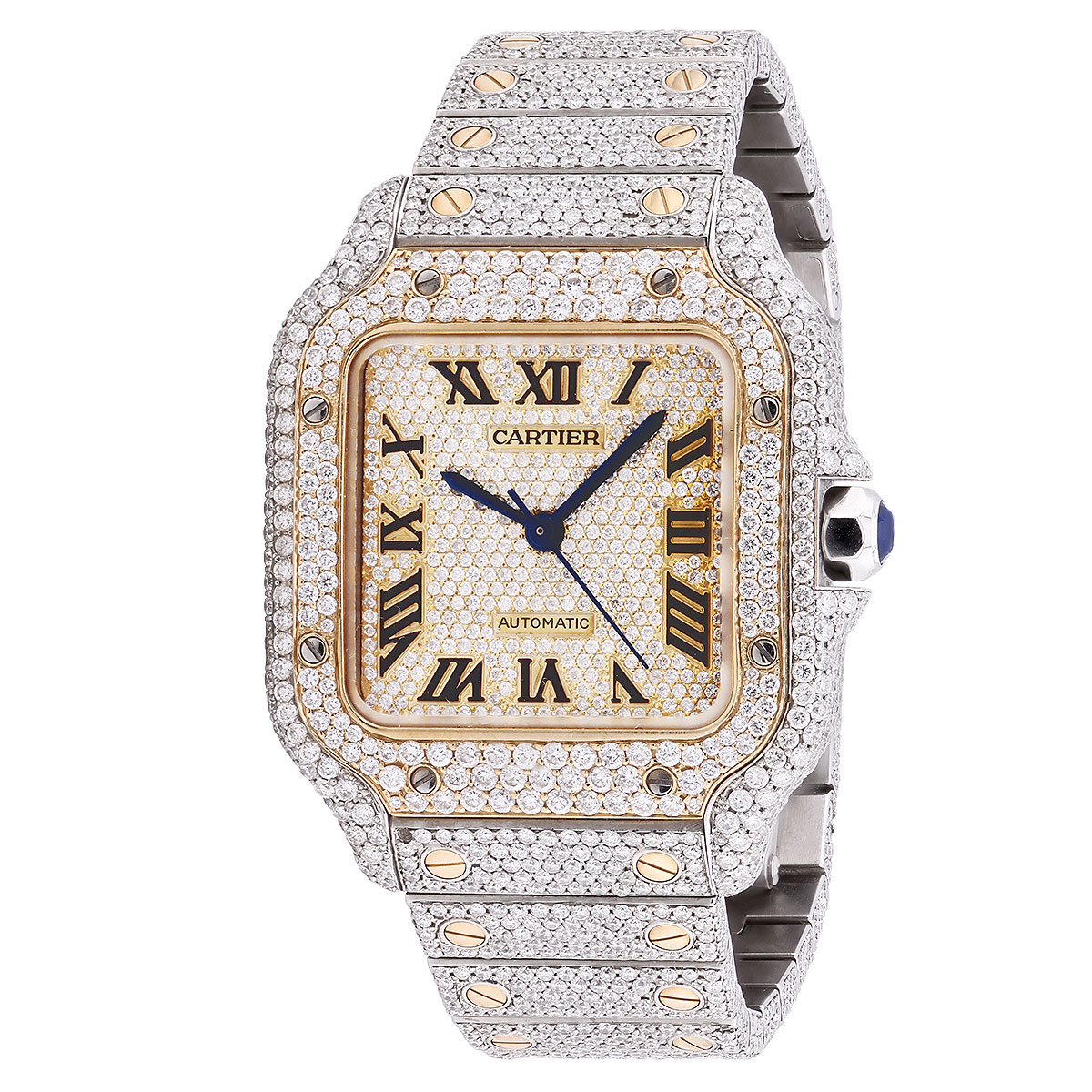 Iced Out Cartier Santos Gold Stainless Steel Diamond Watch 35mm Diamond ...