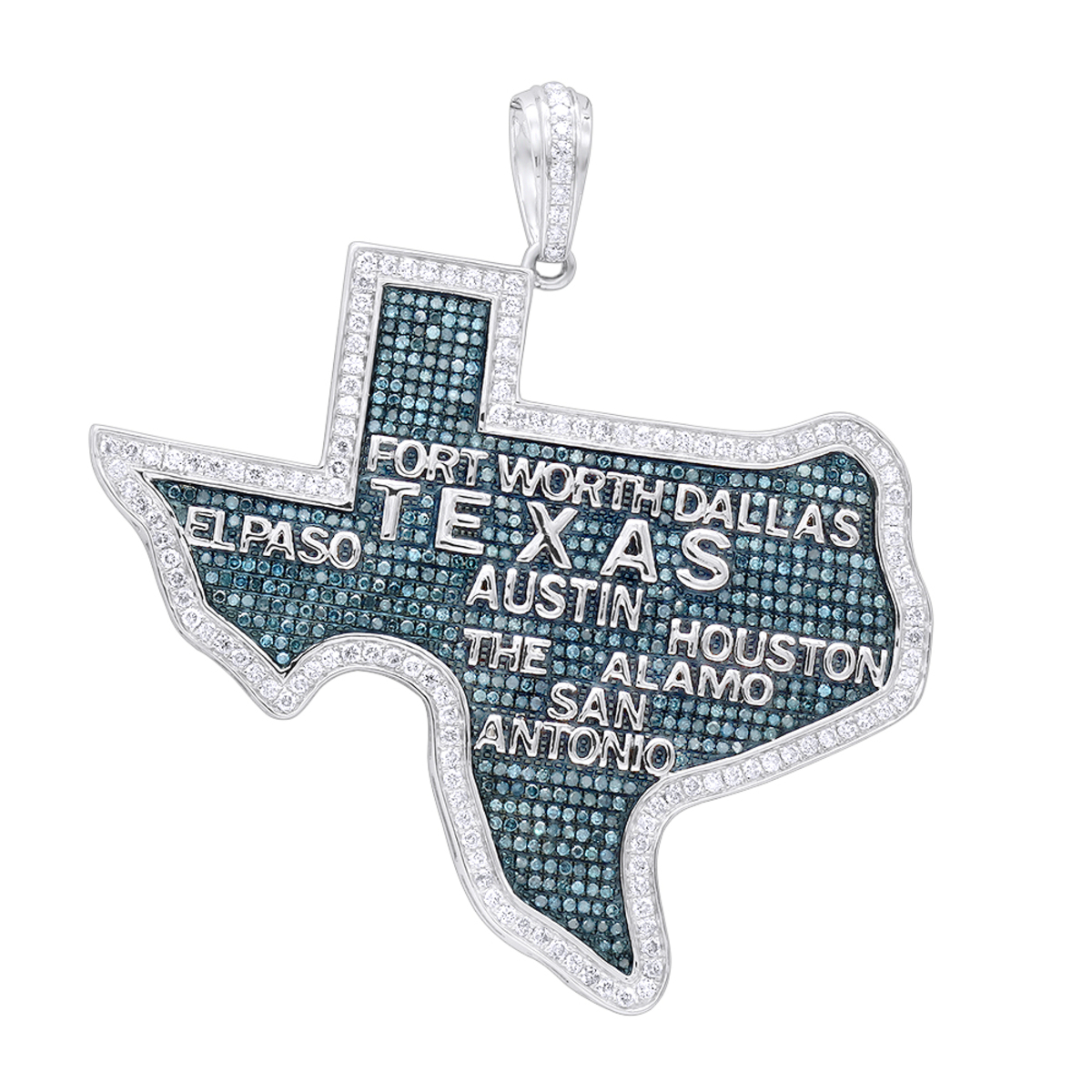 10K White Gold Texas State Map Blue Diamond Pendant 4.95ct 800316