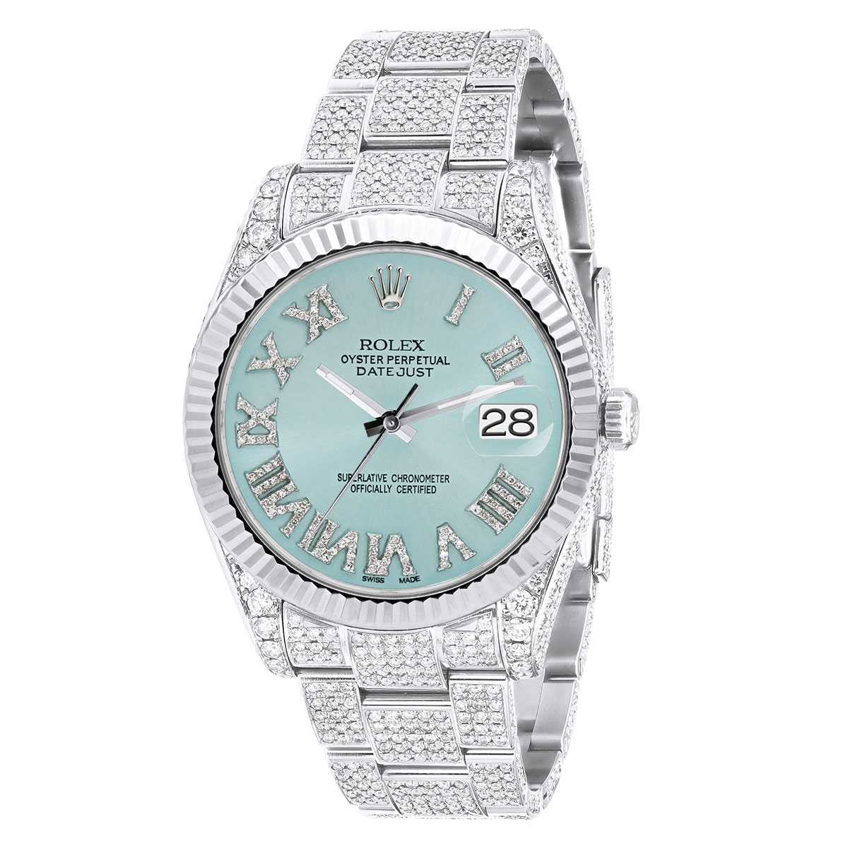 Diamond Iced Out Watch Rolex Datejust 41mm Light Blue Roman Numerals ...