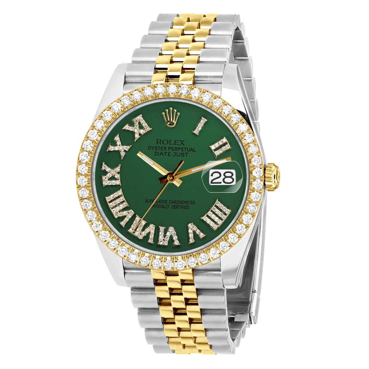 Two Tone Rolex Datejust 41mm Green Roman Numerals Dial Diamond Bezel ...