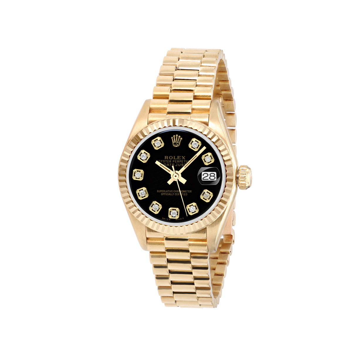 18K Gold Rolex Datejust Diamond Watch. 26mm. President Bracelet Black ...