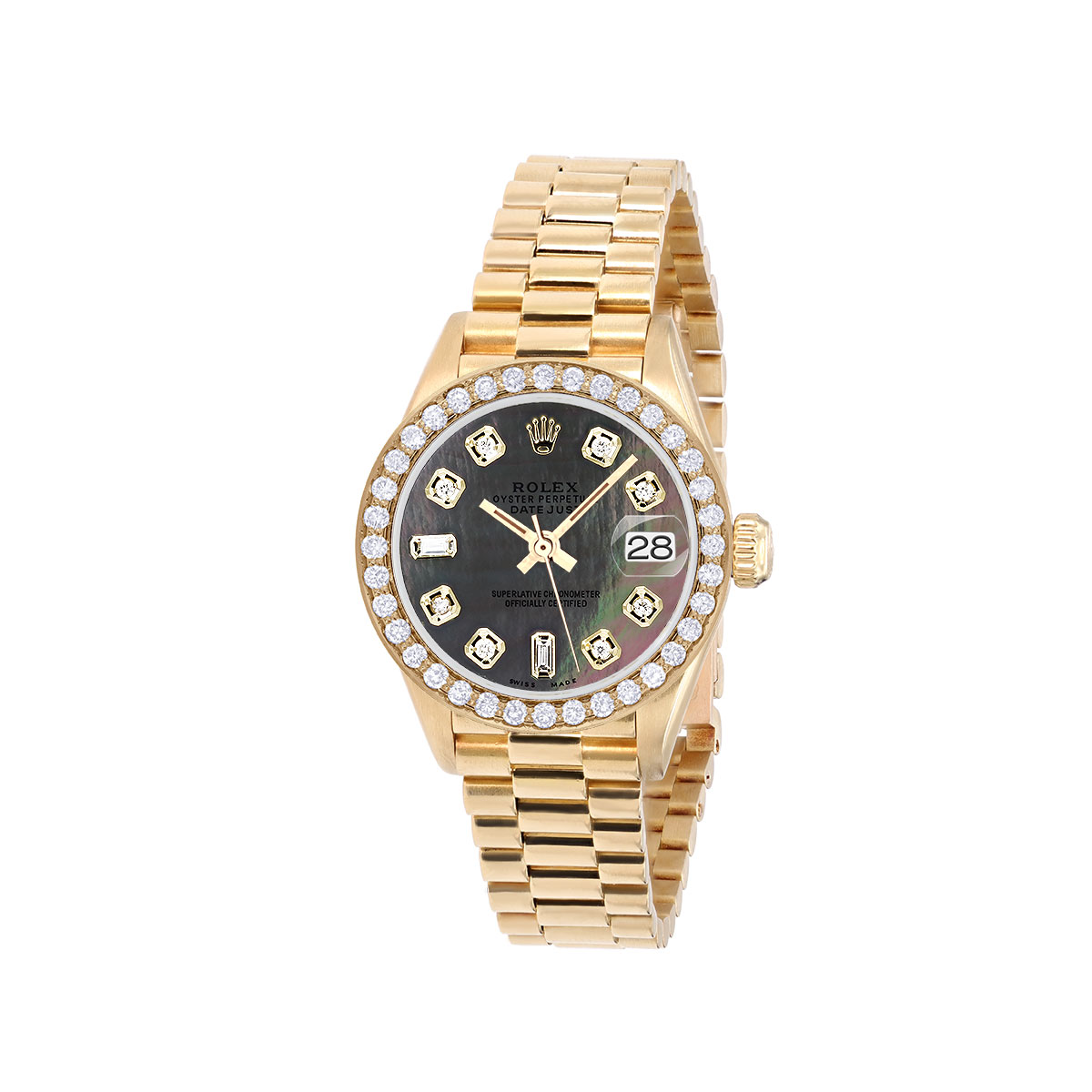Women's 18K Gold Watch Rolex Datejust | 26mm | Black MoP Dial | Diamond Bezel - Great Gifts Club