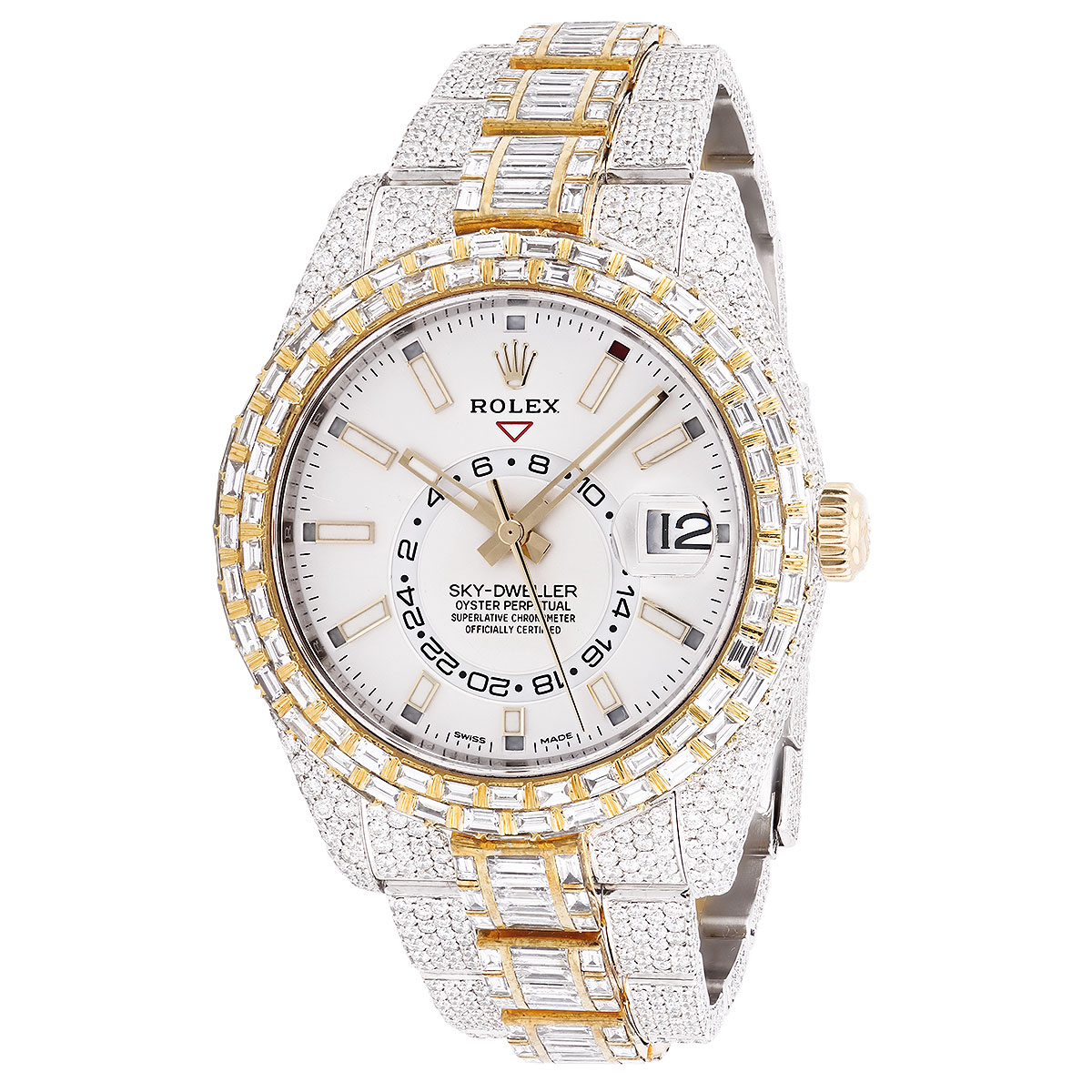 Men's Iced Out Diamond Watch Two-Tone Rolex Sky Dweller 41mm White Dial ...
