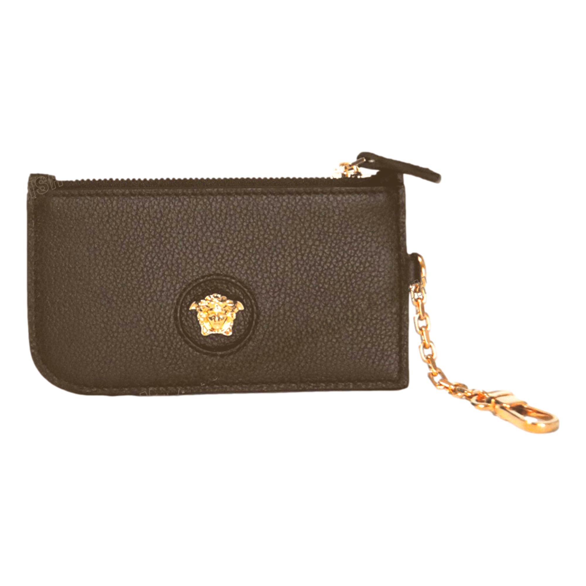 Versace La Medusa Khaki Vitello Card Case Key Chain for Women M02880