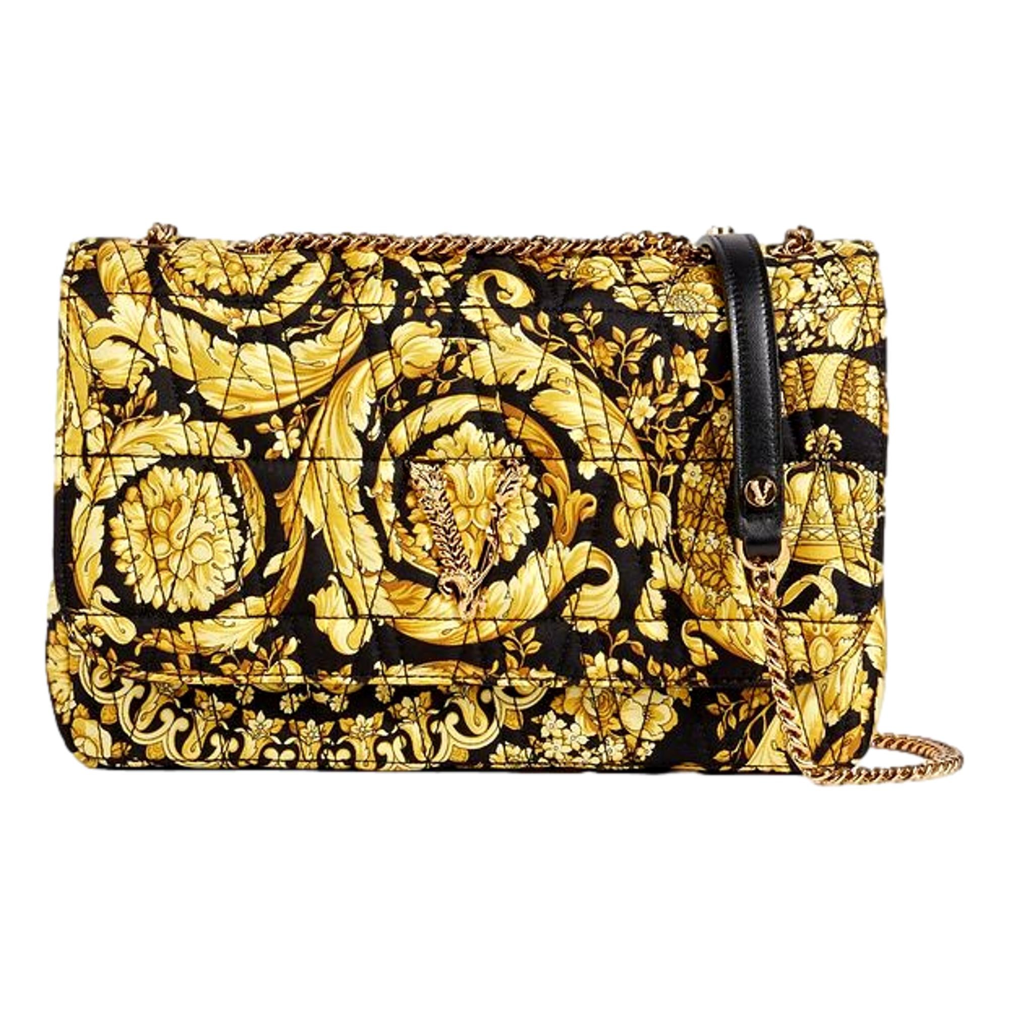 Versace Virtus Barocco Print Quilted Black and Gold Silk Shoulder Bag ...