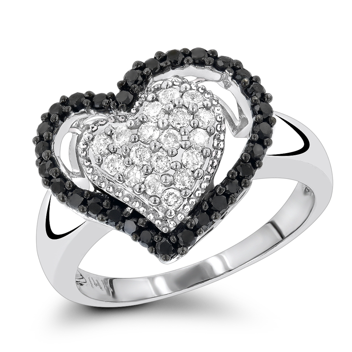 White Black Diamond Heart Ring for Women 0.7ct 14K White Gold 801029