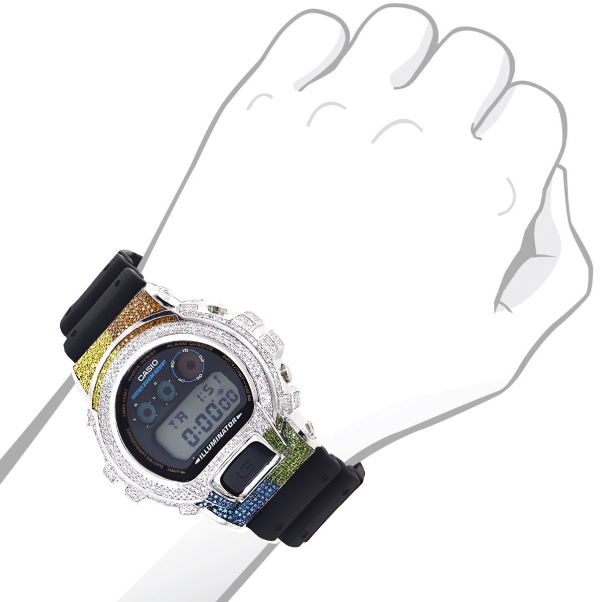 Casio 6900 G-SHOCK White Blue Green Brown Yellow Diamonds Bezel Watch ...