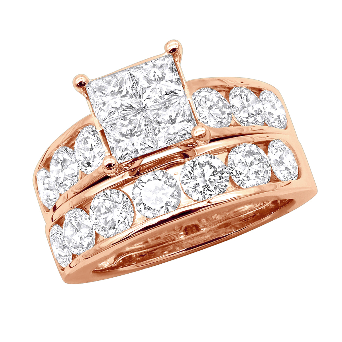 Round and Princess Cut Large Diamond Engagement Ring Set 4ct 14K Gold ...