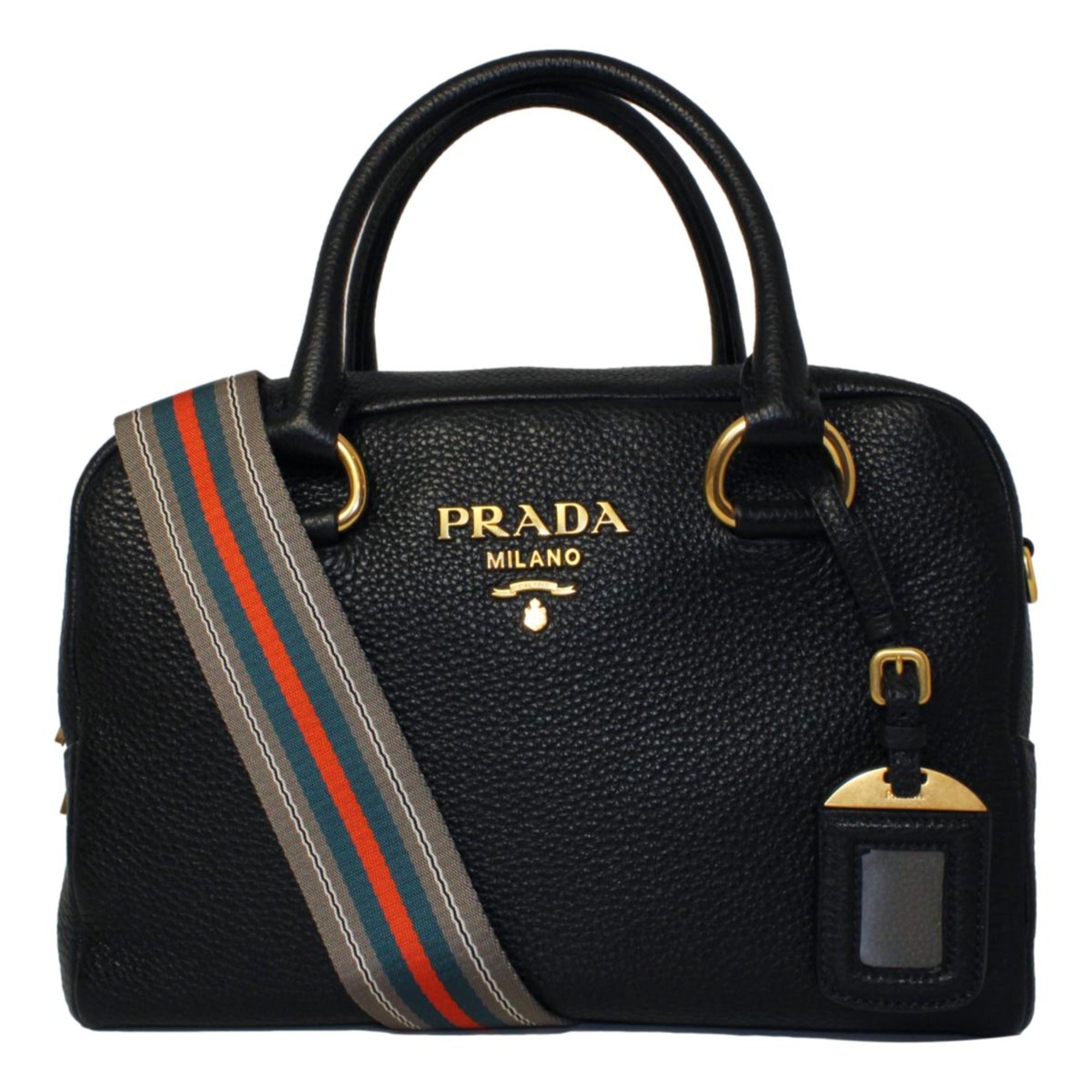 Prada Vitello Phenix Black Leather Web Stripe Crossbody Satchel Bag for ...
