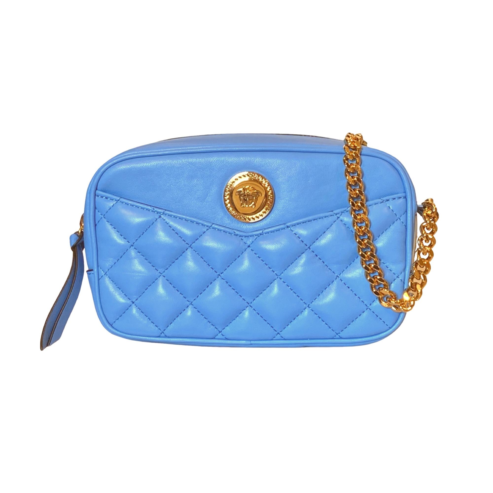 Versace La Medusa Blue Quilted Small Camera Crossbody Bag for Women M02884