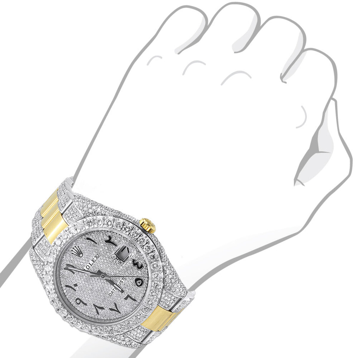 Iced Out Rolex Mens Diamond Watch Arabic Numerals 41mm Datejust 18k ...